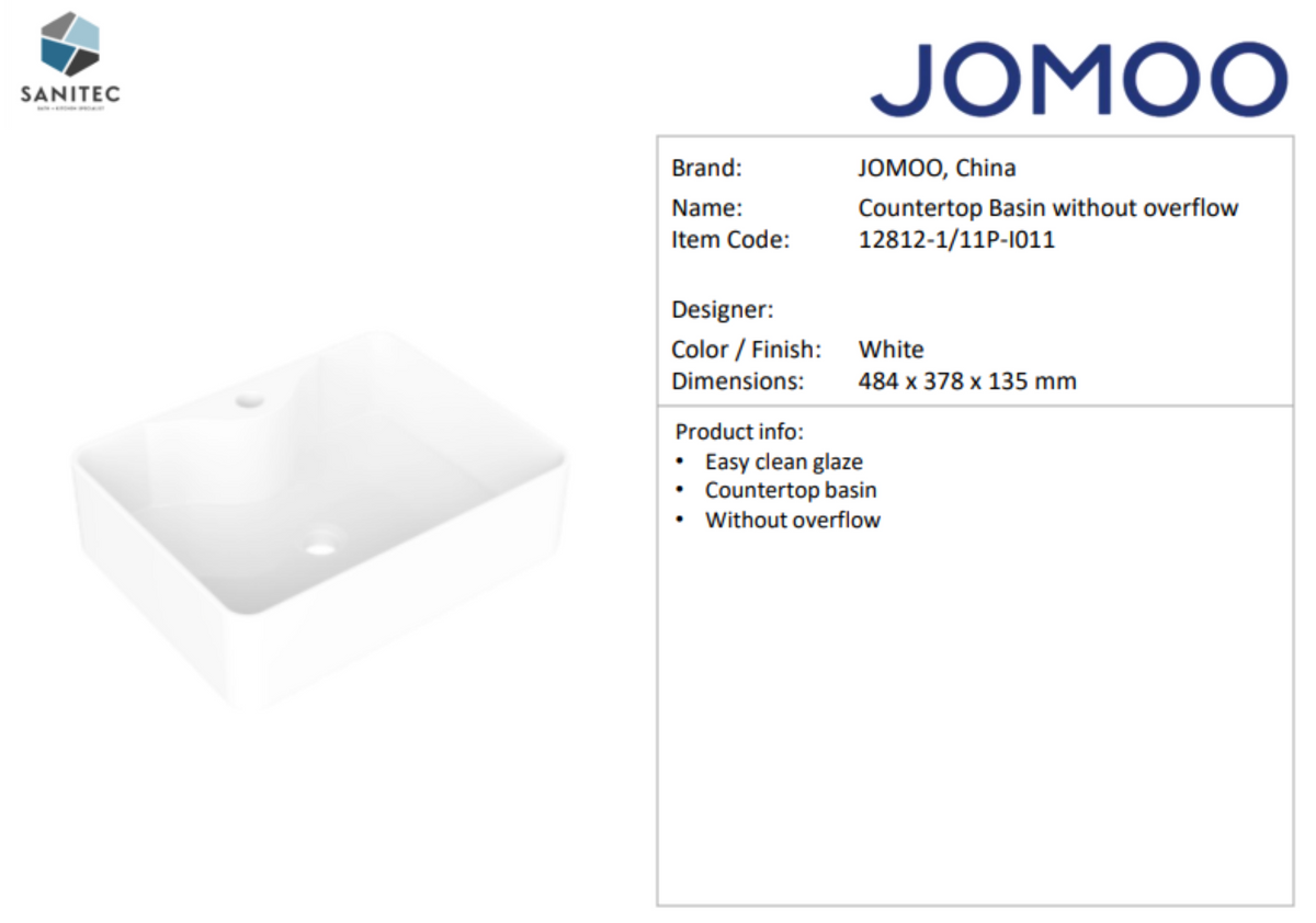 JOMOO countertop basin 484 x 378 x 135mm 12812-1/11P-I011 – Sanitec ...