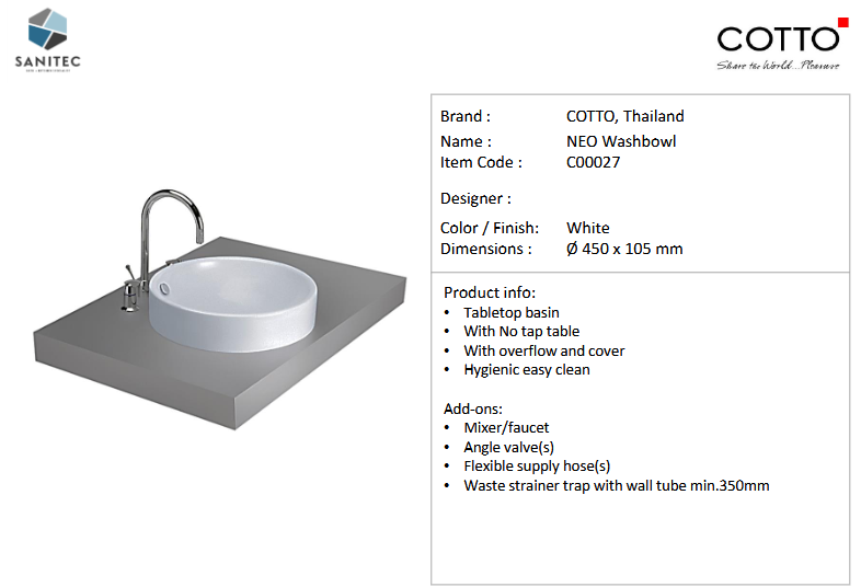 COTTO Neo Vessel Type Basin C00027 – Sanitec Import Ventures
