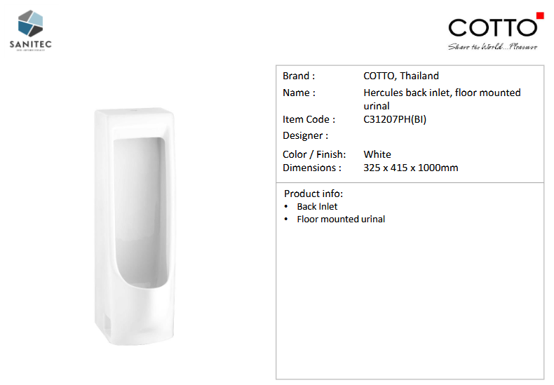 Cotto Hercules back inlet, floor mounted Urinal C31207BI – Sanitec ...