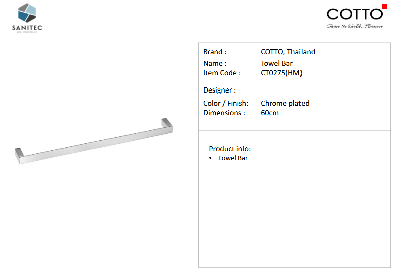 Cotto Edge towel bar (600mm) Chrome Plated CT0275(HM) – Sanitec Import ...